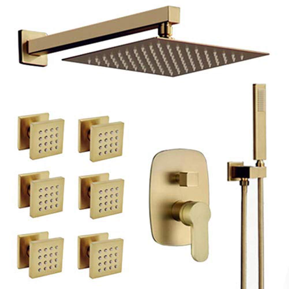 Buy Bathroom Brass Brushed Gold 12 Inch Rainfall Shower System with 6 PCS Body Jet Mixer Set ...