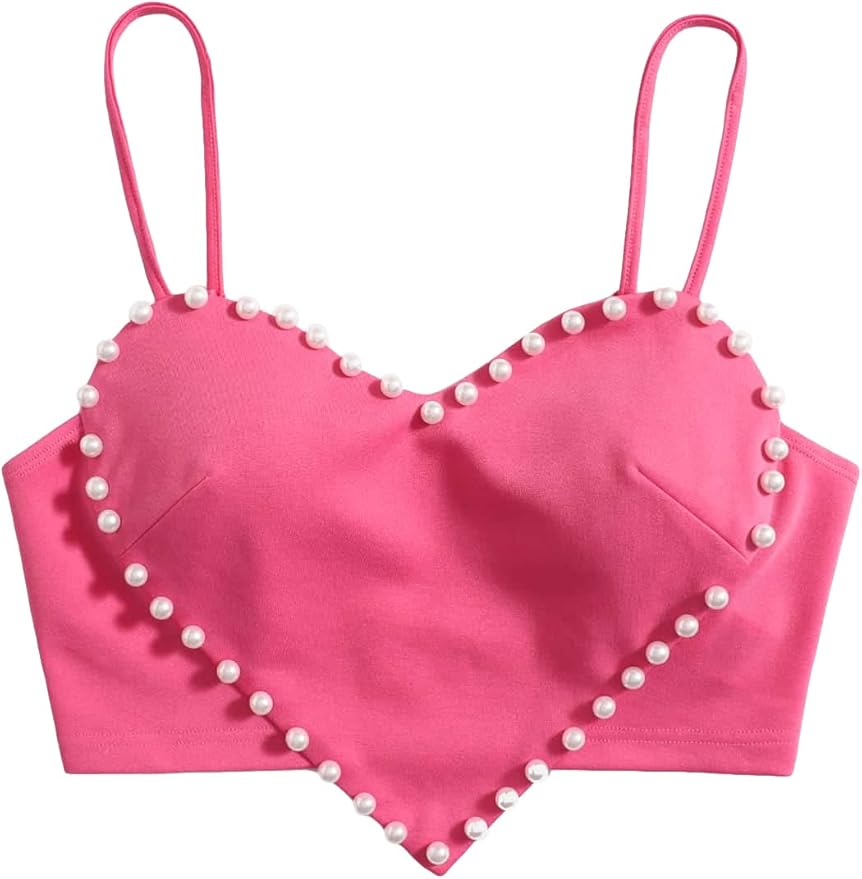 WDIRARA Women's Cami Heart Pearl Crop Top Sparkly Outfits Hot Pink XS ...