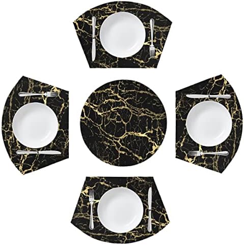 Round Placemats Set of 4 Black Gold Marble Print Wedge Place Mats with ...