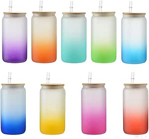 Drinking Glasses Frosted Gradient with Bamboo Lids and Glass Straw 2pcs ...