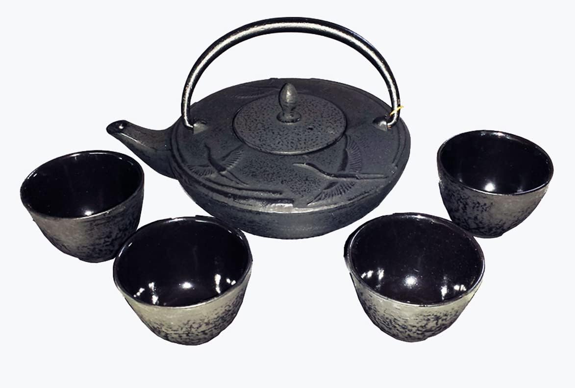 Amazon.com | Happy Sales Cast Iron Tea Set with 4 Cups, Black Crane ...