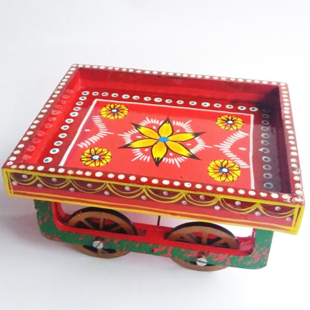UNIEYE Wooden Handpainted Serving Thela Tray Set - Trolley with Moving ...