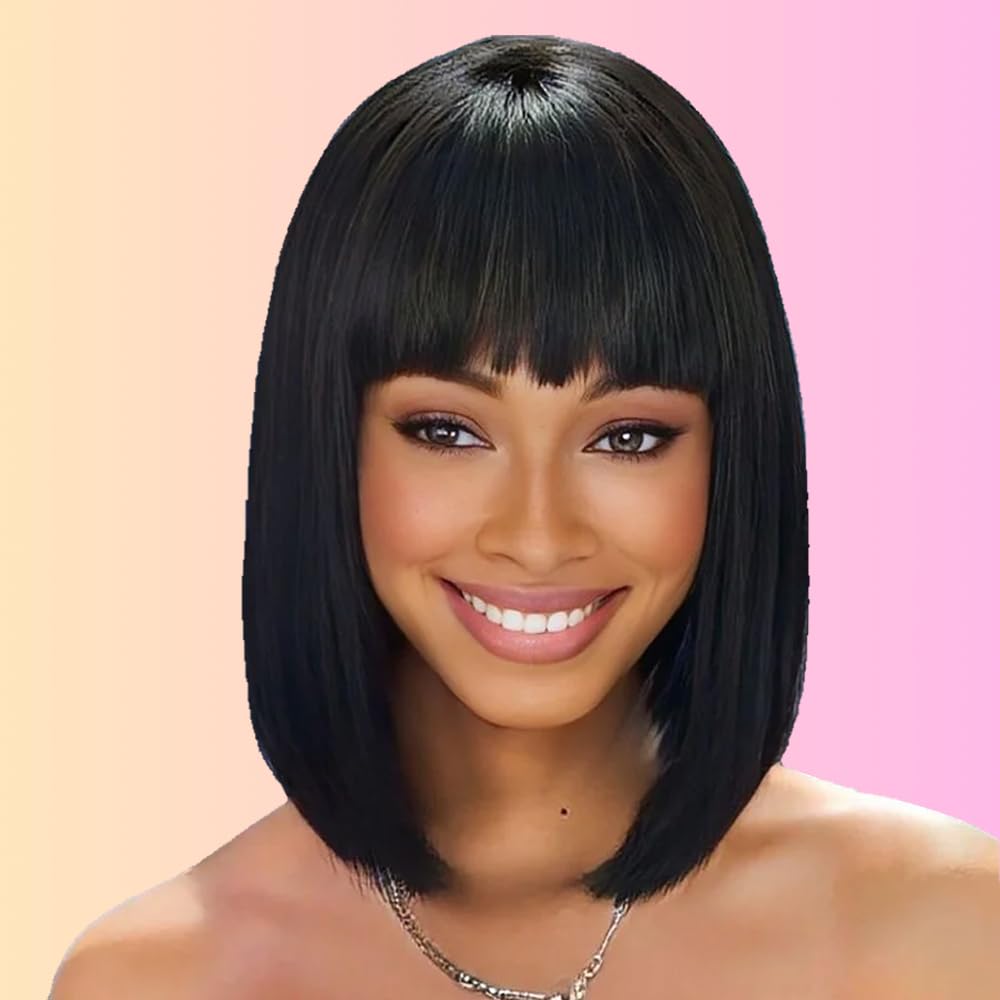 Amazon.com : HOTJAR 10 Inch Bob Wig With Bangs Human Hair Short ...