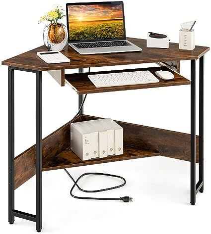 Amazon.com: Giantex Corner Desk with Power Outlets, Small Corner ...