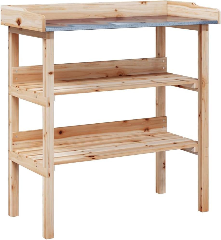 vidaXL Fir Wood Plant Table with Zinc-Top - Garden Potting Station with ...