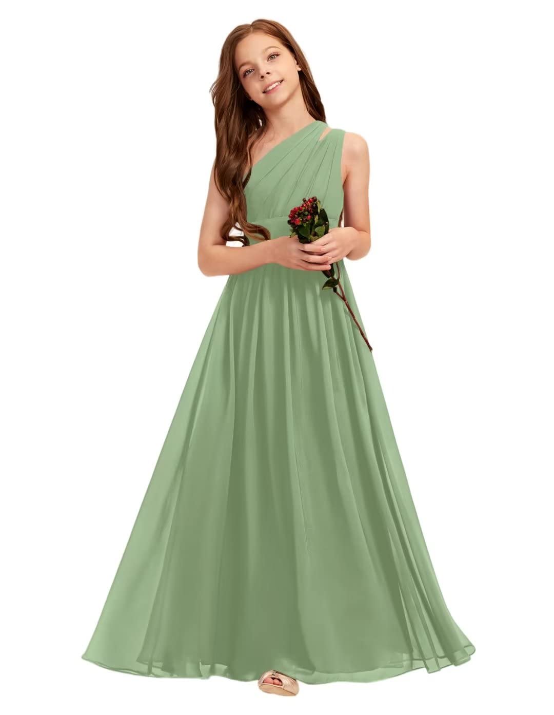 Kismissal A-line One Shoulder Floor-Length Chiffon Junior Bridesmaid ...
