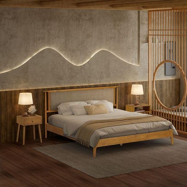 Amazon.com: NTC Ruby Wooden Bed Frame with Headboard and Natural Rattan ...