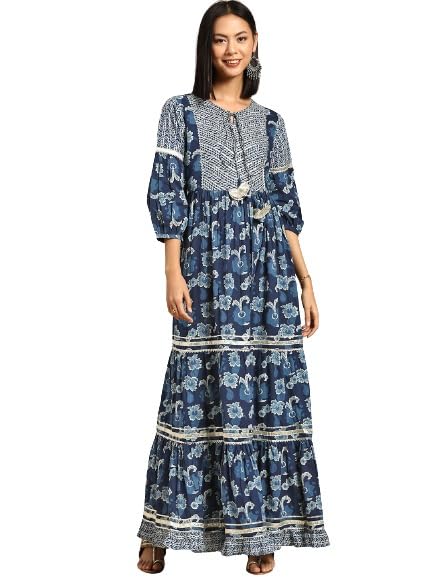 Buy Rapsodia Ethnic Motifs A-Line Maxi Dress (X-Large) Blue at Amazon.in