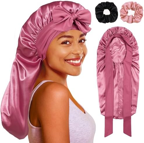 Amazon.com : Long Bonnet with Tie Band, Satin Hair Silk Bonnet for ...