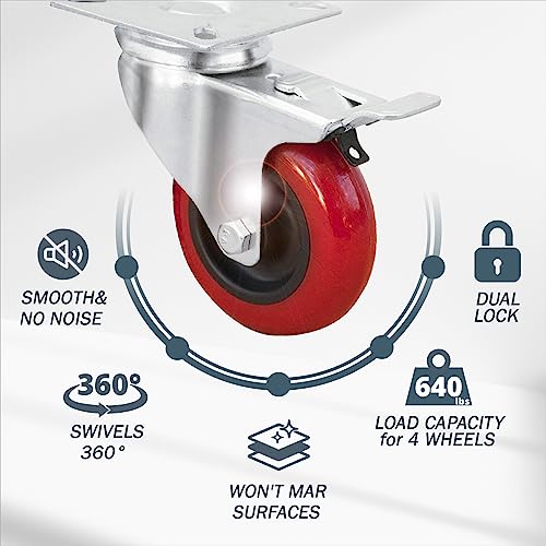 POWERTEC 3 Inch Swivel Caster Wheels Set of 4 with Brake & 640 lbs ...