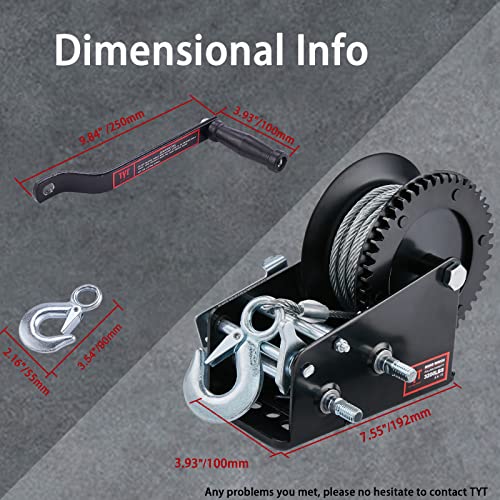 TYT 3200LB Hand Crank Winch with Steel Cable, Mounting Base 7.55in x 3 ...