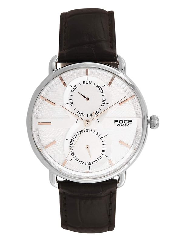 Buy Foce Multifunction Silver Color Round Dial Leather Strap Analog ...