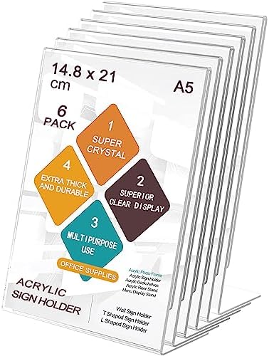 ROSSHINE A5 Acrylic Sign Holder, 6pack L-Shape A5 Perspex Display Stand ...
