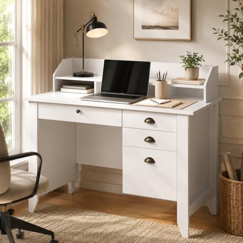 Amazon.com: 4 EVER WINNER White Desk with Drawers, 47'' Small Desk with ...