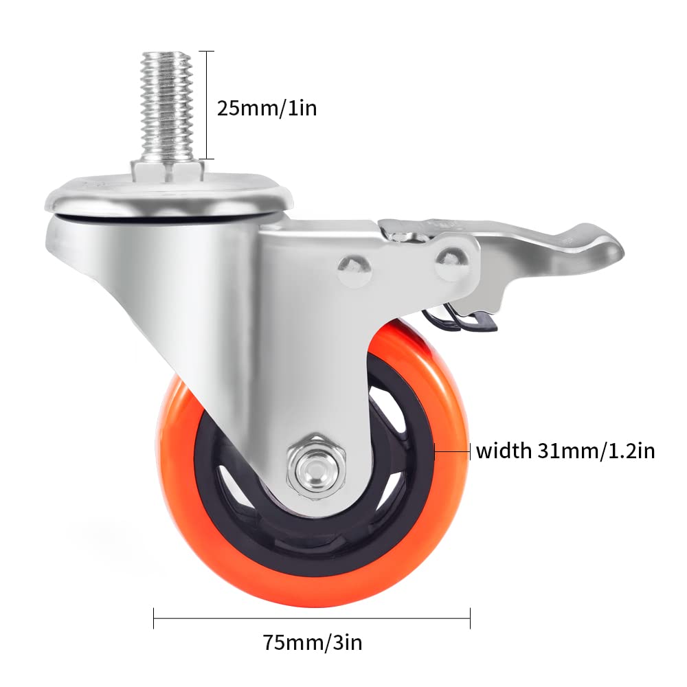 3 inch Casters 1 Inch Thread Stem Casters Heavy Duty Swivel Threaded Stem Caster Wheels with ...