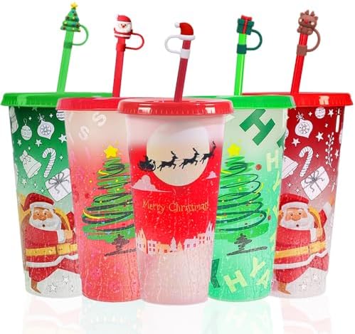 5 Pack Christmas Color Changing Cups with Lids and Straws,Plastic ...