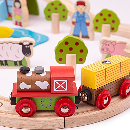 Bigjigs Rail Wooden Farm Train Set - 44 Play Pieces - SantaBILT®