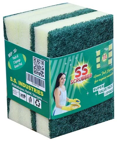 SS Scrubbers Yellow Sponge with 10mm Green Scrub Pad, Set ( Ladi) of 12 ...