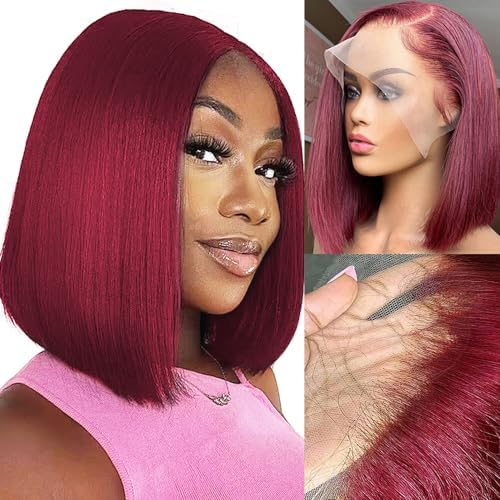 Amazon.com : Moshe 99J Burgundy Bob Wigs Human Hair Wine Red 13x4 Lace ...