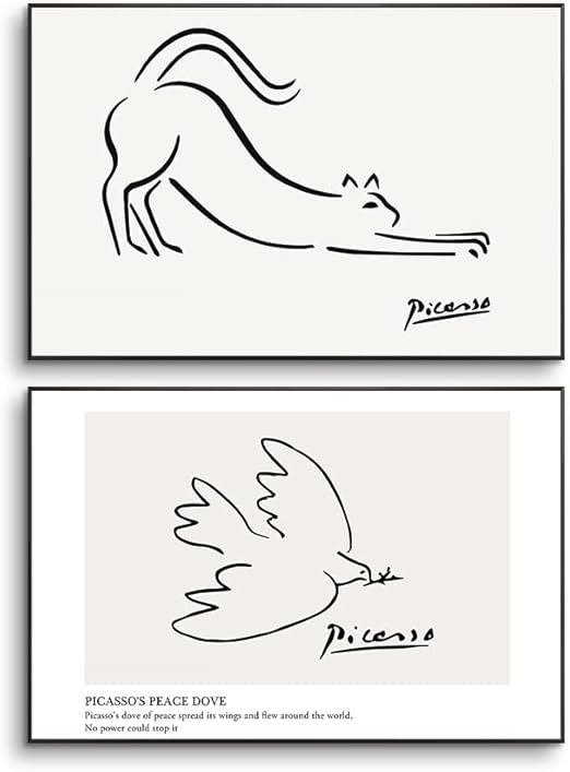 Amazon.co.jp: パブロ・ピカソ アートパネル 2枚 飾り絵 ピカソ 平和の鳩 Pablo Picasso 猫 動物 線画 白黒 ...