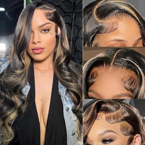 Amazon.com : Juvid FB/27 Balayage Highlight Lace Front Wig Human Hair 13x6 Body Wave HD ...