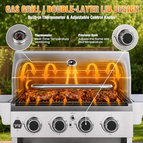 R.W.FLAME 4-Burner Gas Grill, Propane Grill with Folding Side Tables ...