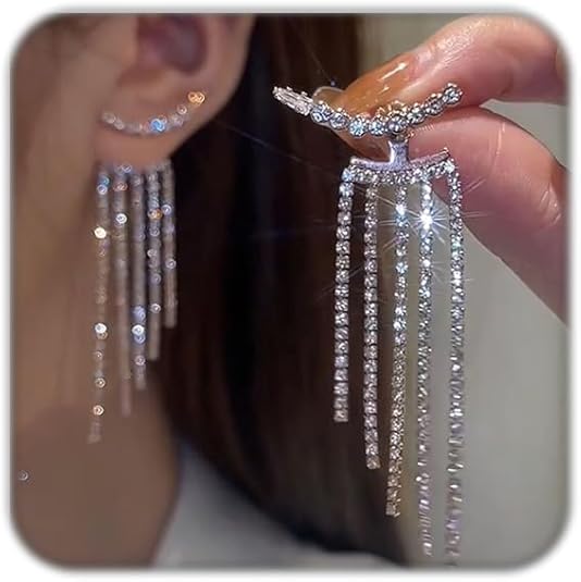 Amazon.com: Silver Rhinestone Tassel Earrings for Women Long Tennis ...