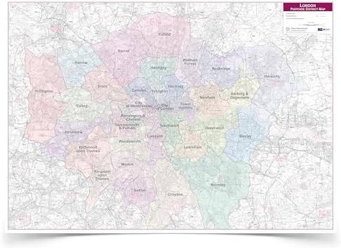 London Postcode District with Authority Boroughs Wall Map (within M25 ...