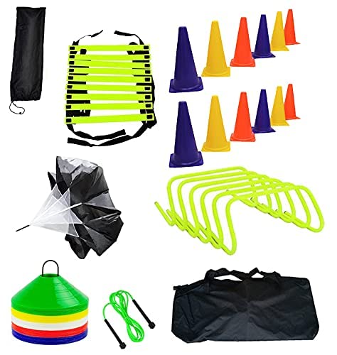 Advanced Agility Kit 20 Saucer Cone/Space Marker + Speed Ladder 6 Meter + Training Parachute ...