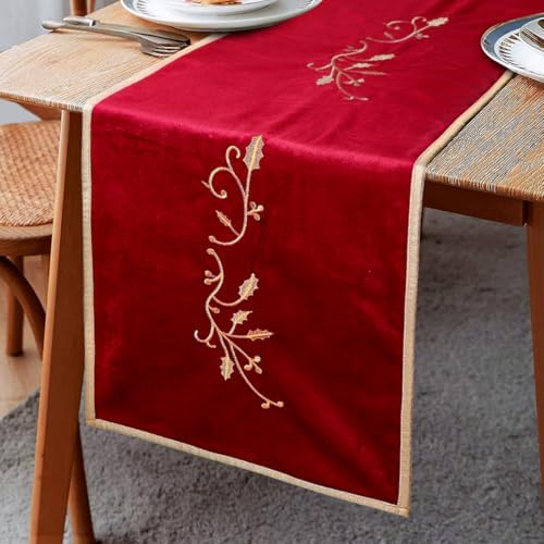 Amazon.com: MelonBoat Red Velvet Table Runner with Gold Embroidered ...