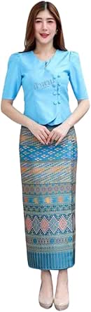 Amazon.com: Thai Silk Blouse, Short Sleeve Traditional Top with Geometric Pattern, 20 inch ...