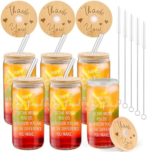 6 Pack Thank You Gifts Drinking Glass with Bamboo Lids and Glass Straw ...