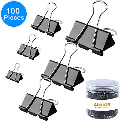 AUSTOR 100 Pcs Binder Clips Paper Clamp Clips Assorted 6 Sizes, Black ...