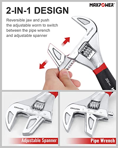 MAXPOWER Adjustable Spanner 200mm, 2-in-1 Adjustable Wrench & Pipe Wrench Switchable with ...