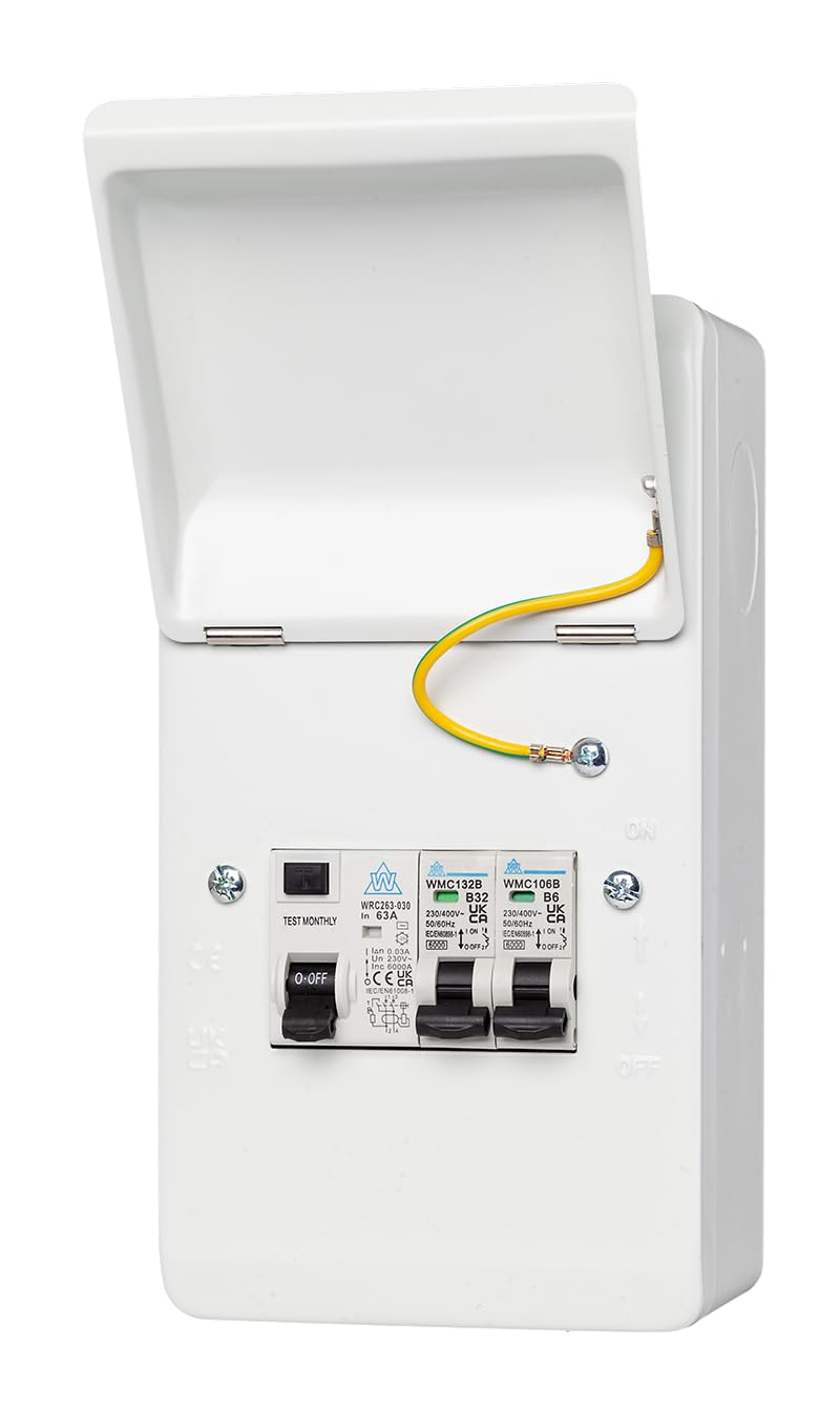 Metal Garage Mini Consumer Unit c/w 63a RCD and 2 MCBs (6a+32a) WMGU04 ...