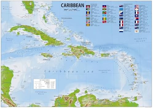 Physical Map of the Caribbean - Size A2-42 x 59.4 cm - Paper Laminated ...