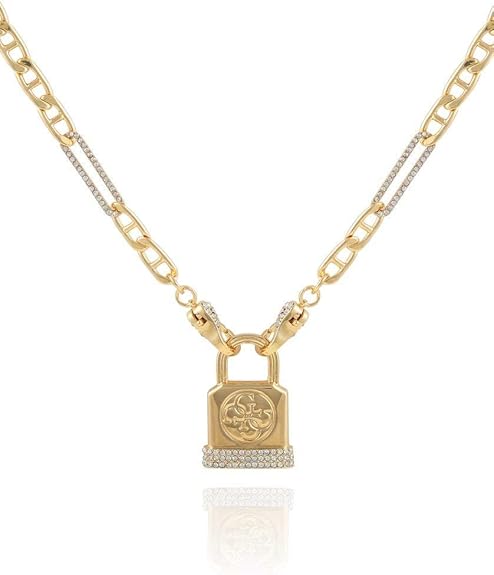 Amazon.com: GUESS womens Gold-Tone Chain Necklace Logo Padlock Pendant ...