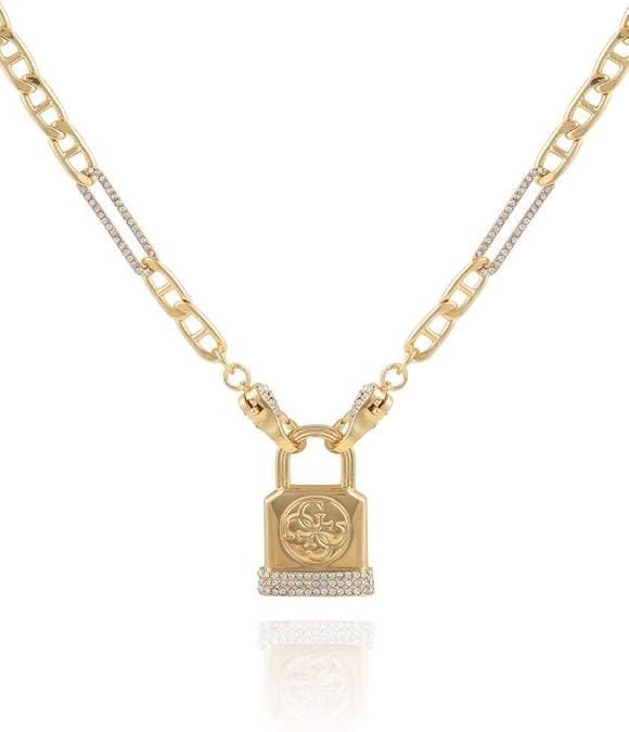 Amazon.com: GUESS womens Gold-Tone Chain Necklace Logo Padlock Pendant ...