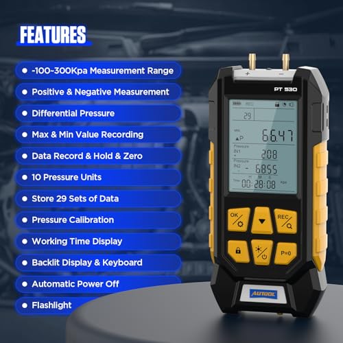 AUTOOL Manometer Gas Pressure Tester, -100 to 300Kpa Digital Manometer ...