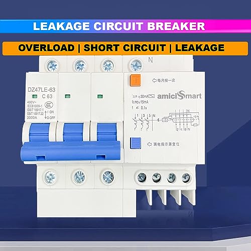 amiciSmart 63A 3-Phase Circuit Breaker with Leakage Protection, Din ...