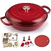 Overmont Cast Iron Braiser Enameled Cookware with Cookbook & Lid - 3.2 ...