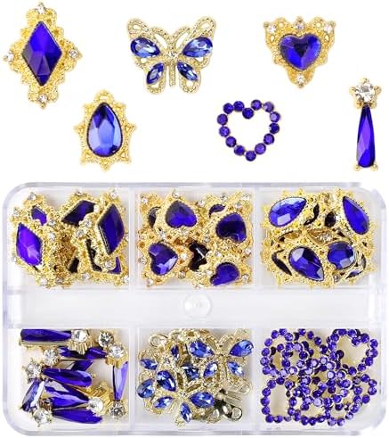 Amazon.com: 24pcs Blue Luxury Nail Charms +2000pcs Sapphire Rhinestones ...