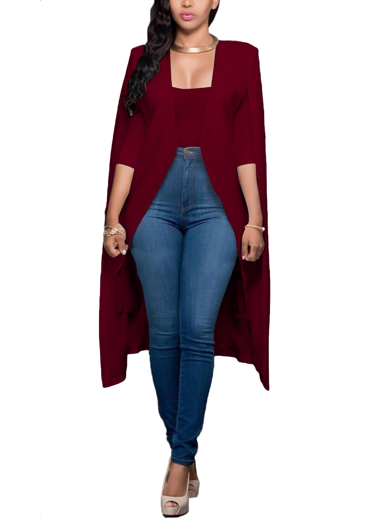LYANER Women's Cape Long Sleeve Work Wear Blazer Jackets Long Cape Coat ...
