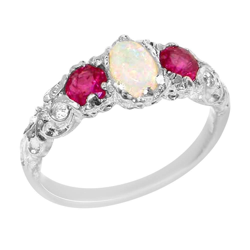 925 Sterling Silver Real Genuine Opal and Ruby Womens Band Ring ...
