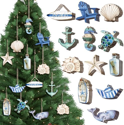 Maitys 36 Pcs Christmas Wooden Ornaments Ocean Beach Tree Decorations ...