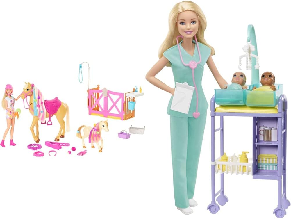 Barbie Groom 'n Care Horses Playset Doll (Blonde 11.5-in), 2 Horses ...