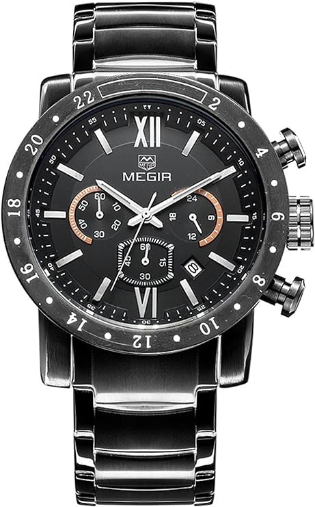 Buy MEGIR Full Black Chronograph Watch Stainless Steel Strap with Date ...