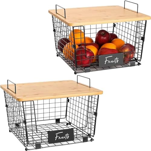 Amazon.com - 2 Set Stackable Wire Basket with Bamboo Top, Kitchen ...
