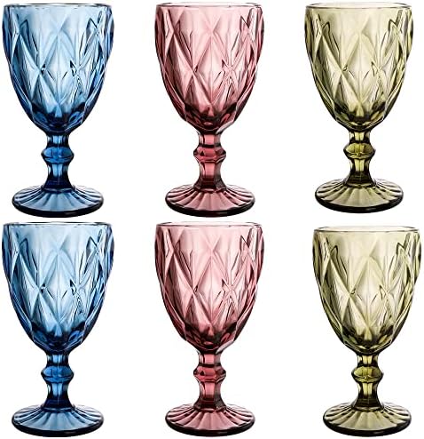 SOUJOY Set of 6 Vintage Wine Glasses, 10oz Colored Goblet Glass with ...