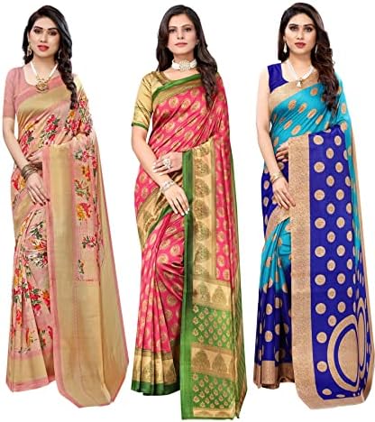 Amazon.com: INDIA MADE Women's Combo Art Silk Saree with Blouse Piece ...